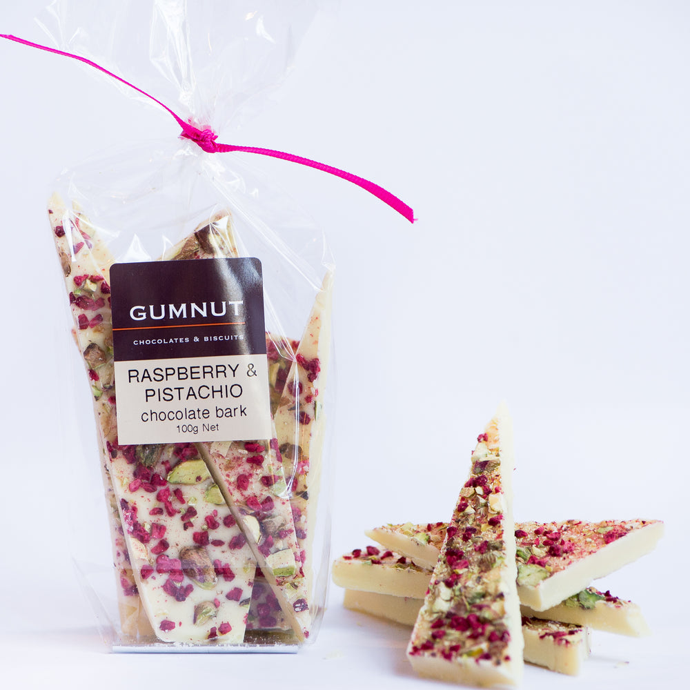 White Chocolate, Raspberry & Pistachio Bark 100g – Gumnut Biscuits ...