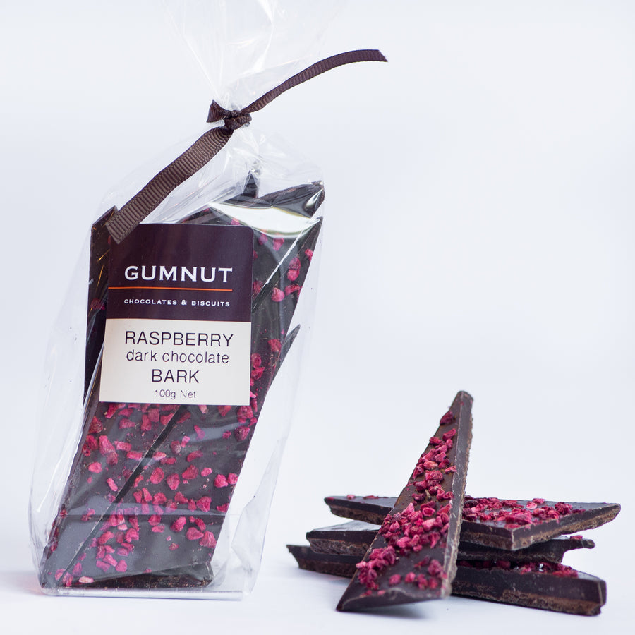 Raspberry Dark Chocolate Bark 100g – Gumnut Biscuits & Chocolates